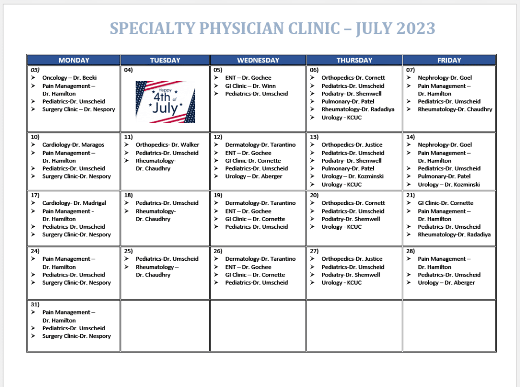 July 2023 Outpatient Clinic Calendar – Excelsior Springs Hospital